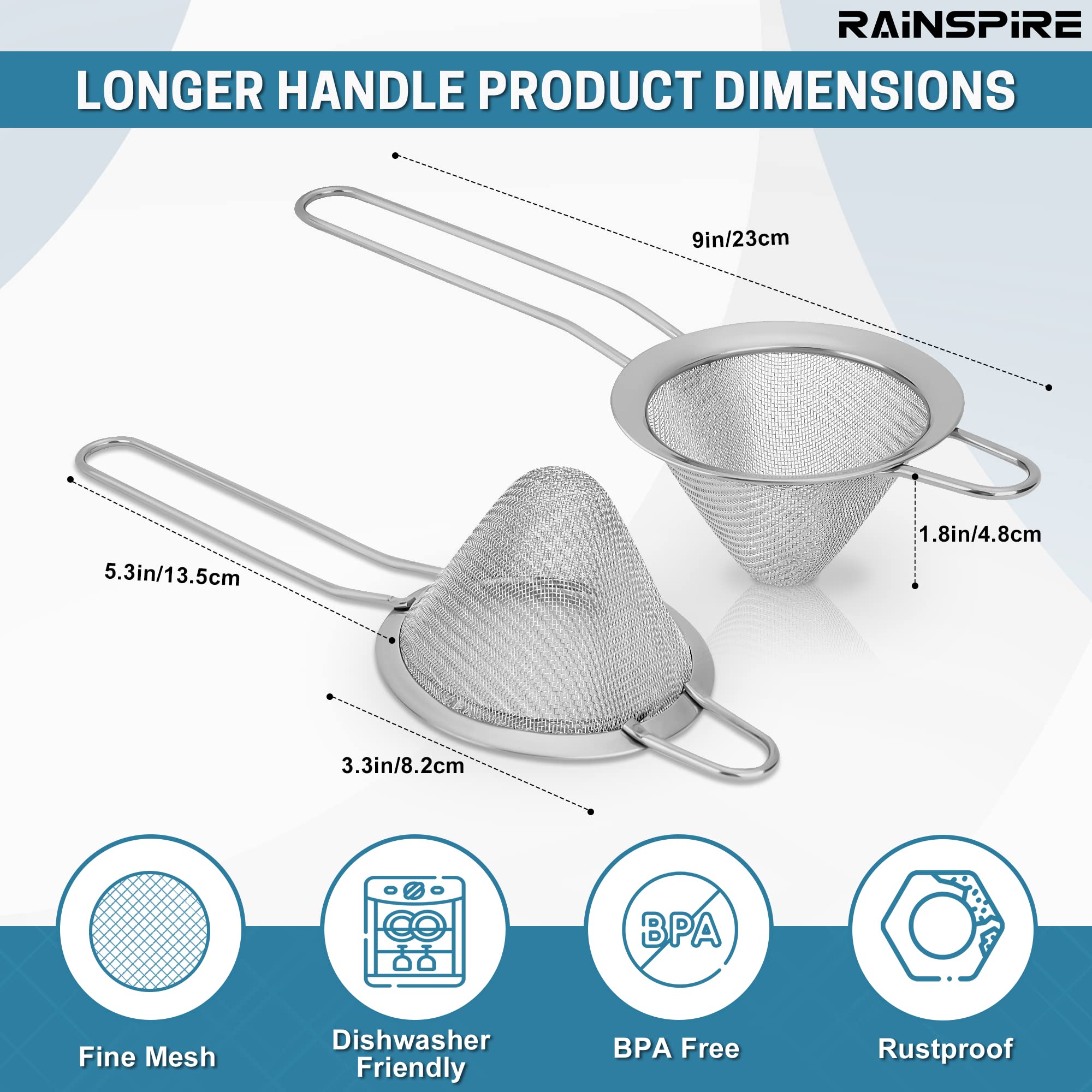 Rainspire Stainless Steel Small Strainer Fine Mesh Strainer, Mini Cocktail Strainer For Cocktails Tea Herbs Coffee & Drinks, Tea Strainer with Handle, Rust Proof, Silver