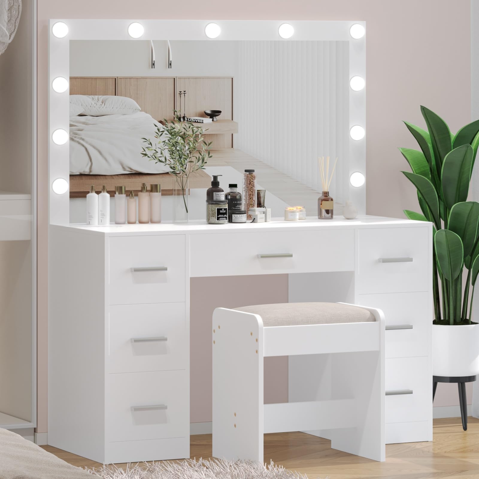 Irontar Vanity Desk with Stool, Makeup Table with Lighted Mirror, 3 Color Lighting Modes, Brightness Adjustable, Dressing Table with Drawers, Vanity Table Set for Women, White WDT004WD