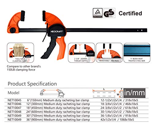Quick Release Ratchet Bar Clamps for Woodworking (2 Pieces Set 24'') - Light Duty Adjustable One-Handed Clamp for Woodworking & Furniture Manufacturing & Assembly
