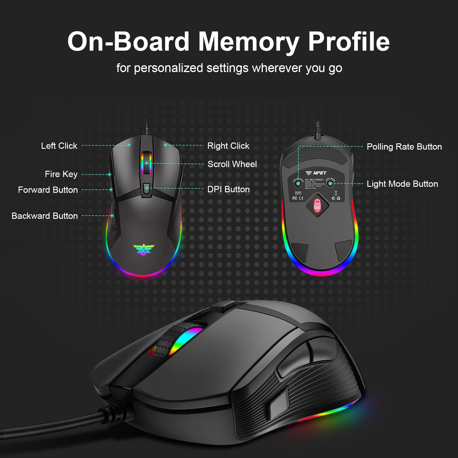 NPET M61 Gaming Mouse, 7200 DPI Optical Sensor, Chroma RGB Lighting, 7 Programmable Buttons, Anti-Slip Side Grips, Wired Mouse for FPS, MOBA, MMO