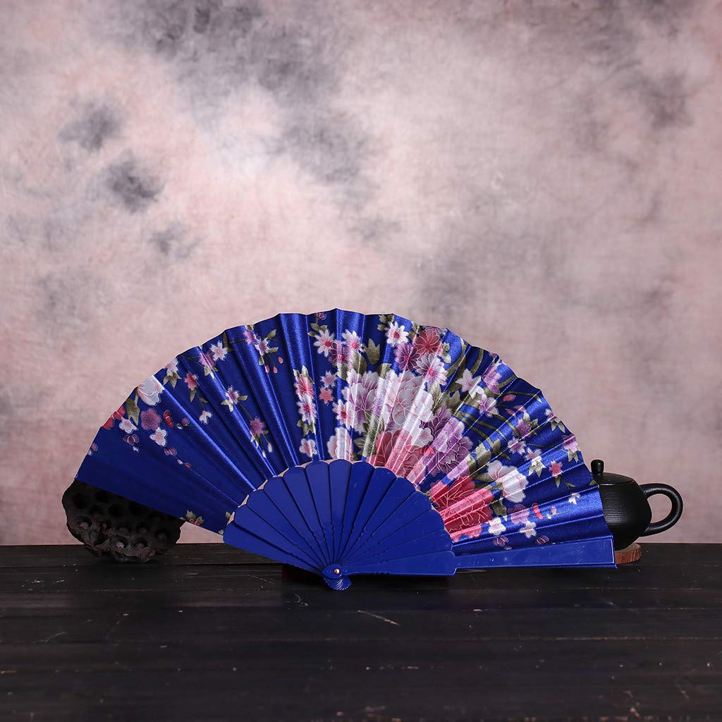Party Dance Lace Fan Wedding Silk Hand Held Folding Flower Fans Window Fans with Exhaust And Intake (Blue, One Size)