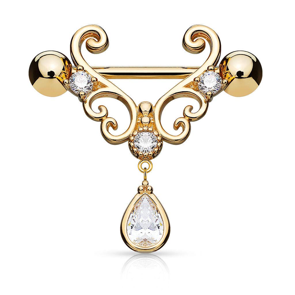 Pair of CZ Tear Drop Dangle Heart 14K Gold Plated Nipple Rings Barbell 14g 9/16" - Rose Gold
