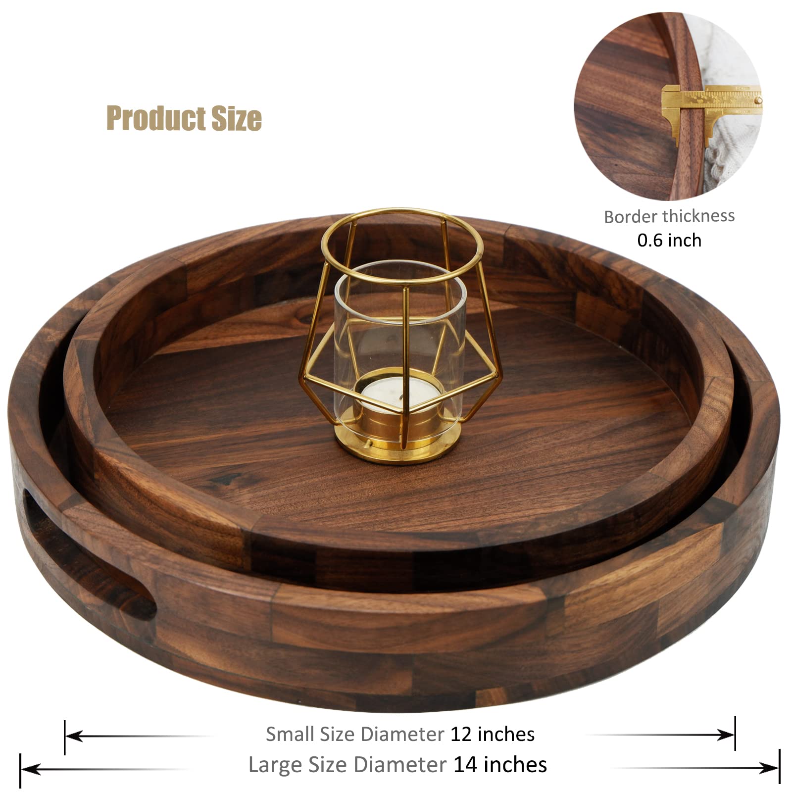MAGIGO Set of 2 Large Round Black Walnut Wood Ottoman Tray with Handles, Serve Tea, Coffee, Classic Wooden Circular Decorative Serving Tray, 14 &12 inches