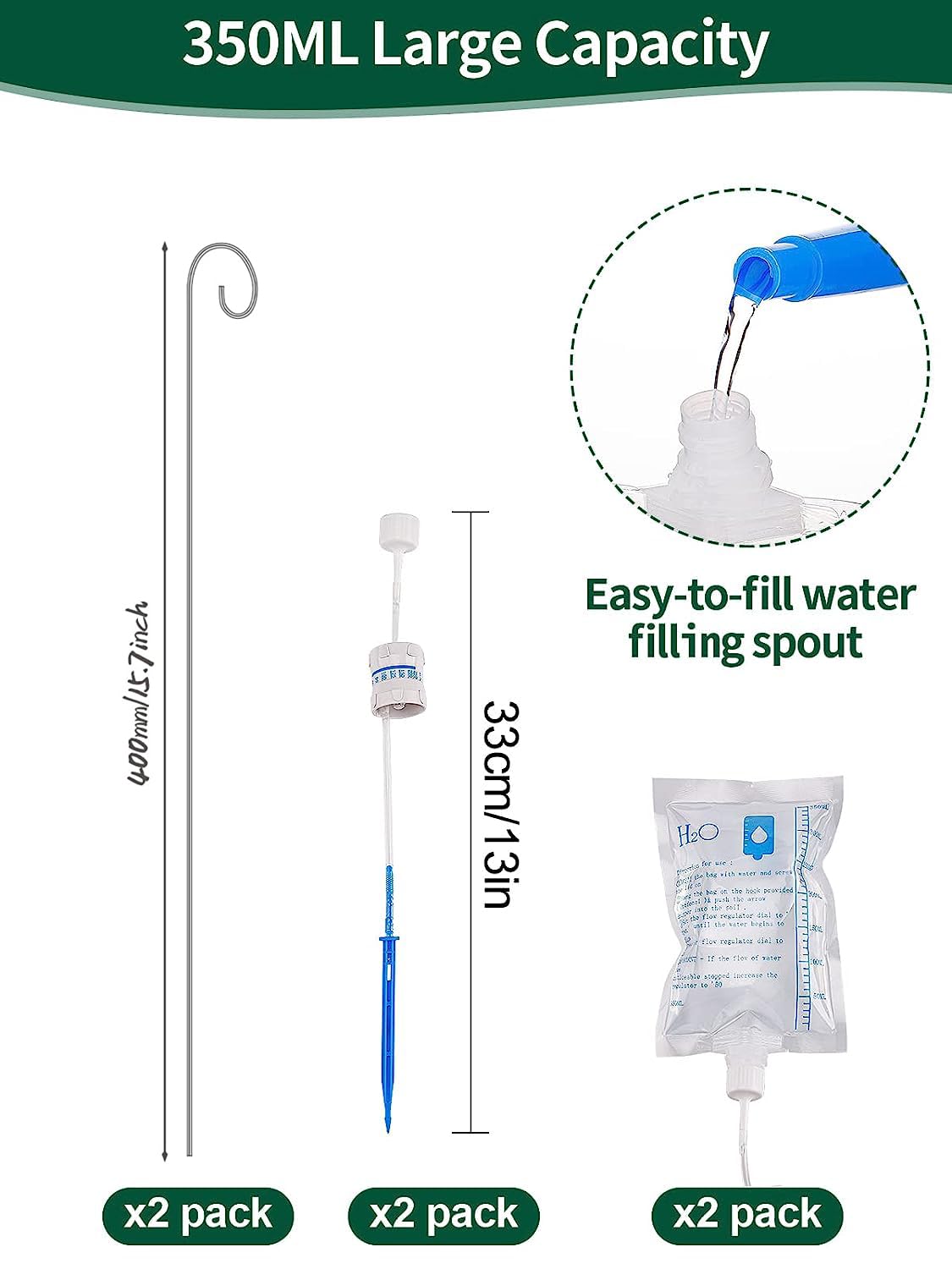 UCLEVER 2pack Plant Self Automatic Water Bag 350ml with Metal Support Rod Automatic Watering System for Indoor Outdoor Home Garden Potted Plants Flowers