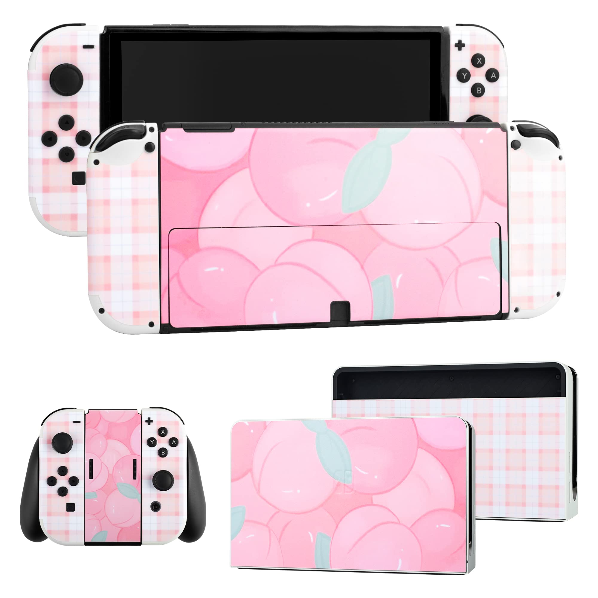 RHOTALL Cute Peach Pattern Decal Skin Compatible with Nintendo Switch OLED, Cute Sticker with Comfortable Touch for Switch OLED Console, Joycon Controller, Handle Grip and Dock