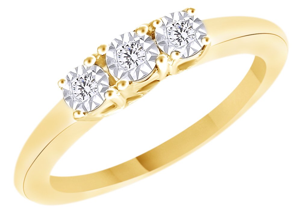 Jewel Zone US White Natural Diamond Past Present Future Three Stone Ring in 14k Yellow Gold Over Sterling Silver (0.02 Ct)