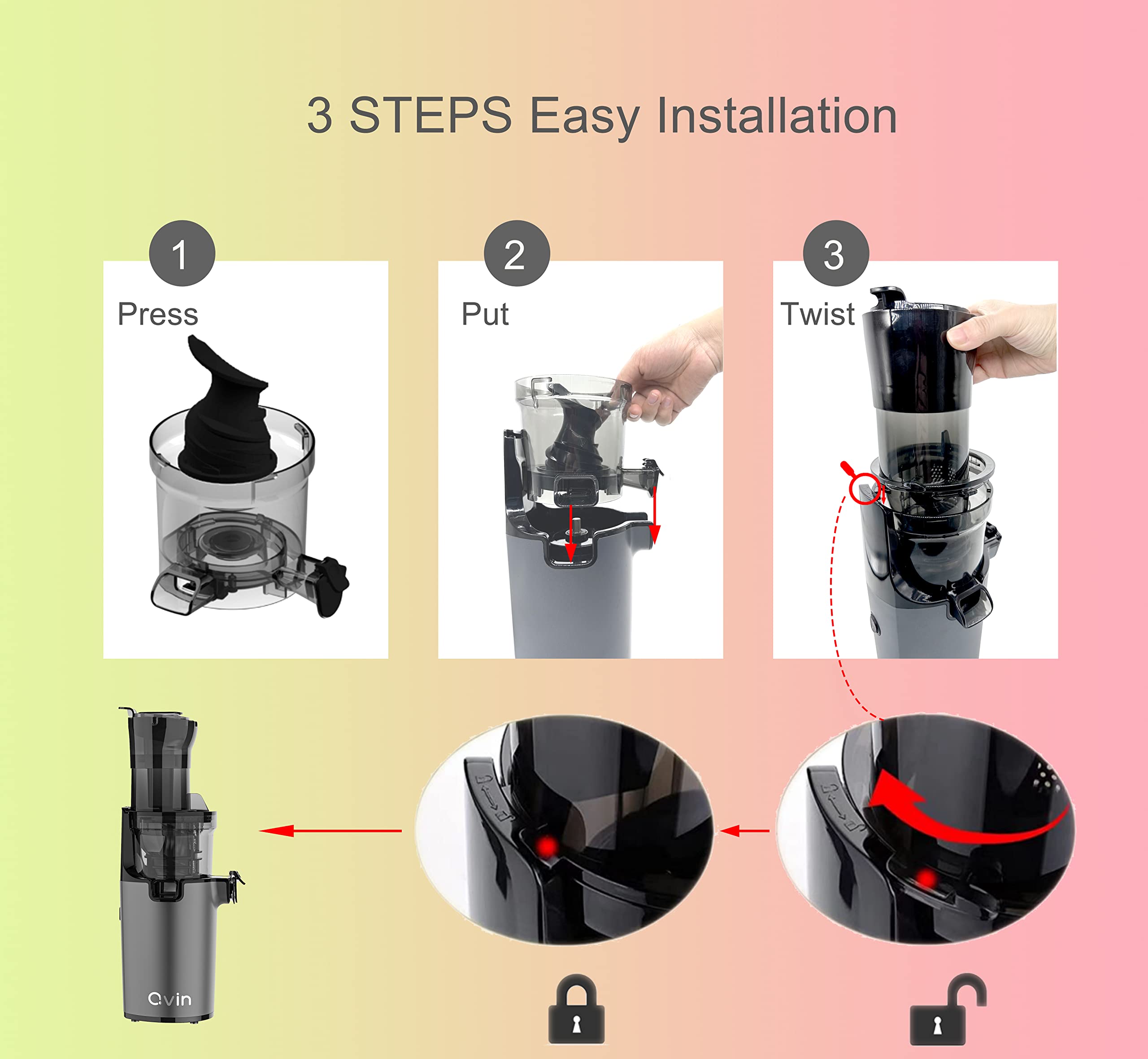 Qvin Compact Slow Masticating Juicer machines 3inch Large Feed Chute, Easy to Clean, BPA Free, 200W Nutritional electrical Cold Press Juicer machine vegetable and fruit,Deluxe Silver-gray