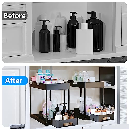 MZHSMZHR Bathroom Under Sink Organizers and Storage,Under Cabinet Organizer Kitchen, 2 Pack 2 Tier Under Counter Storage Shelves with Sliding Pull Out Drawer and Dividers, Black