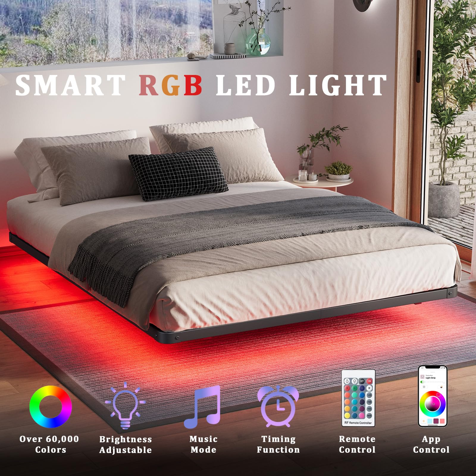 Viisari Floating Queen Bed Frame with LED Lights Type-C & USB Charging Station No Box Spring Needed Heavy Duty Metal Platform Bed Frame Noise Free