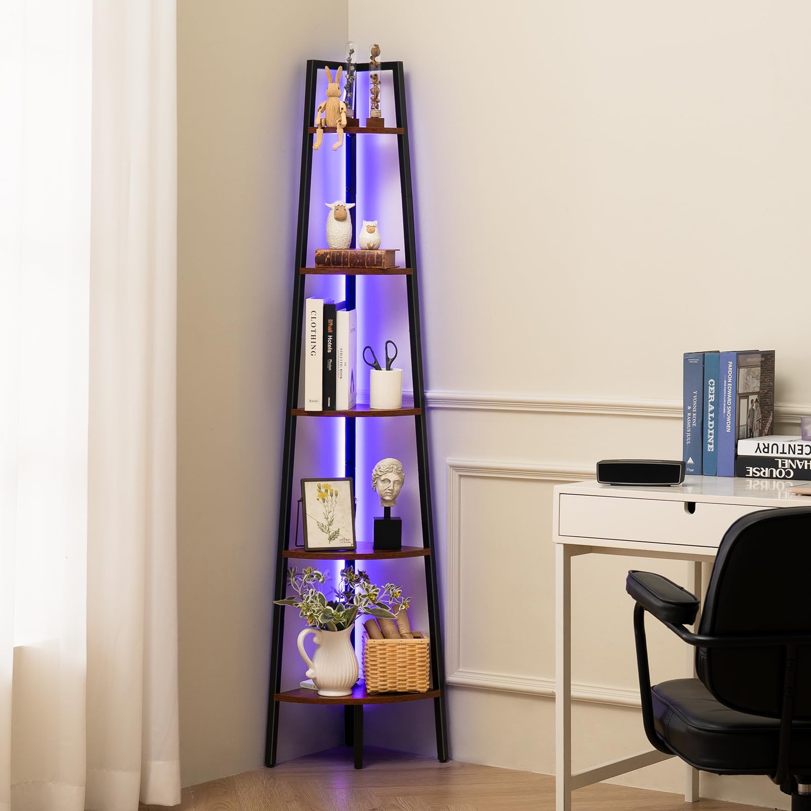 Yoobure Corner Shelf Stand, 5-Tier Corner Bookshelf with LED Light Corner Shelves for Bedroom, Tall Corner Book Shelf with Steel Frame Corner Bookcase Book Shelves Display Shelf for Living Room Office