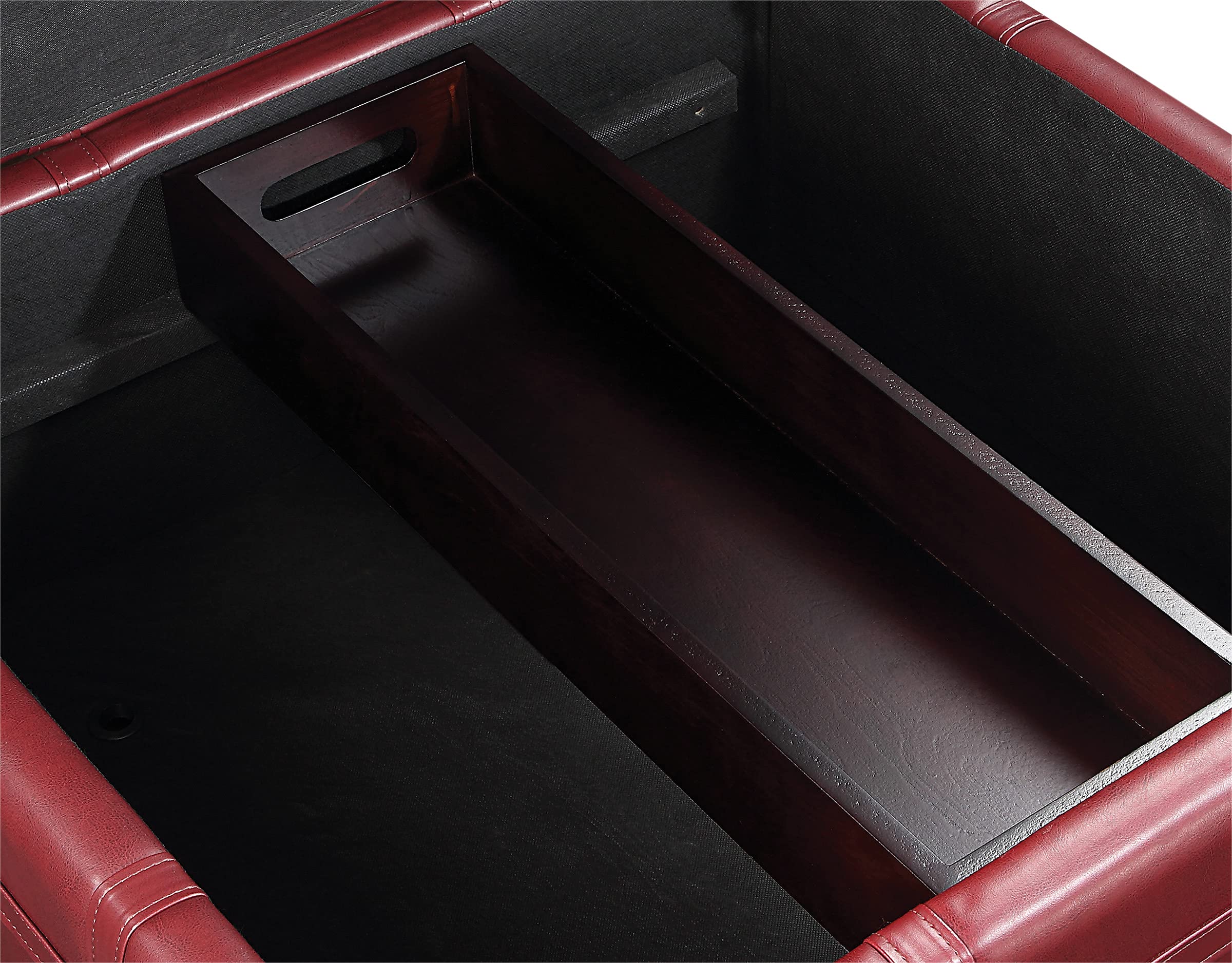 OSP Home Furnishings Detour Strap Square Storage Ottoman with Tray and Solid Wood Legs, Crimson Red Faux Leather