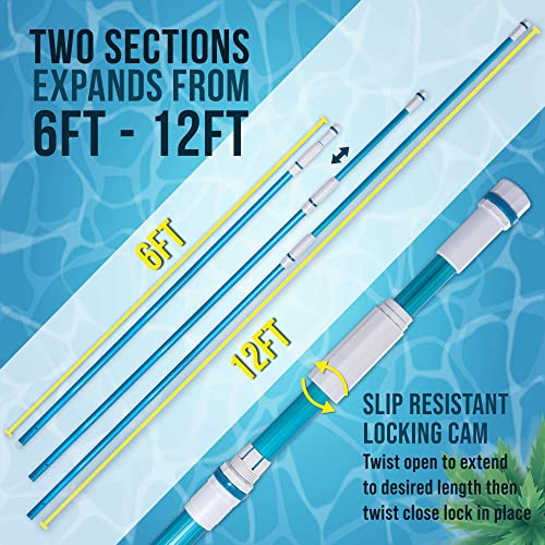 U.S. Pool Supply Professional 12 Foot Blue Anodized Aluminum Telescopic Swimming Pool Pole, Adjustable 2 Piece Expandable Step-Up - Attach Connect Skimmer Nets, Rakes, Brushes, Vacuum Heads with Hoses