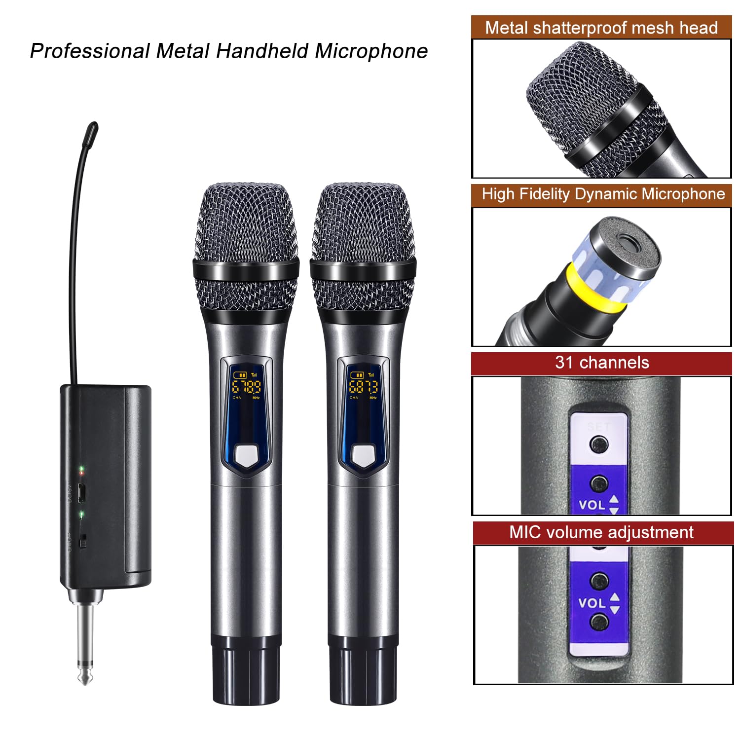 PAsucceed Wireless Microphones, UHF Metal Dual Handheld Cordless Microphone, Rechargeable Receiver, for Church, Speech, Wedding, Party Singing,Karaoke Machine, Speaker, Amplifier,160ft Range