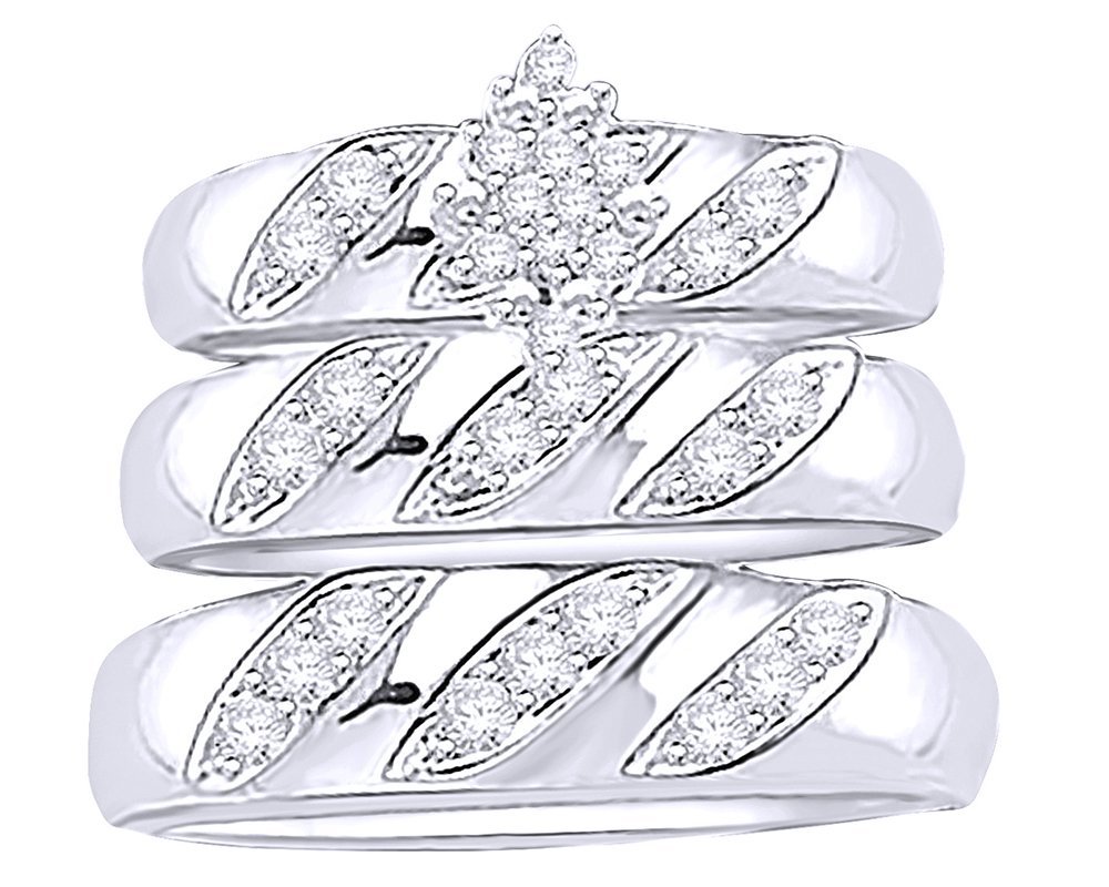 Jewel Zone US White Natural Diamond Engagement & Wedding Trio Band Ring Set 14k White Gold Over Sterling Silver (0.17 Carat)