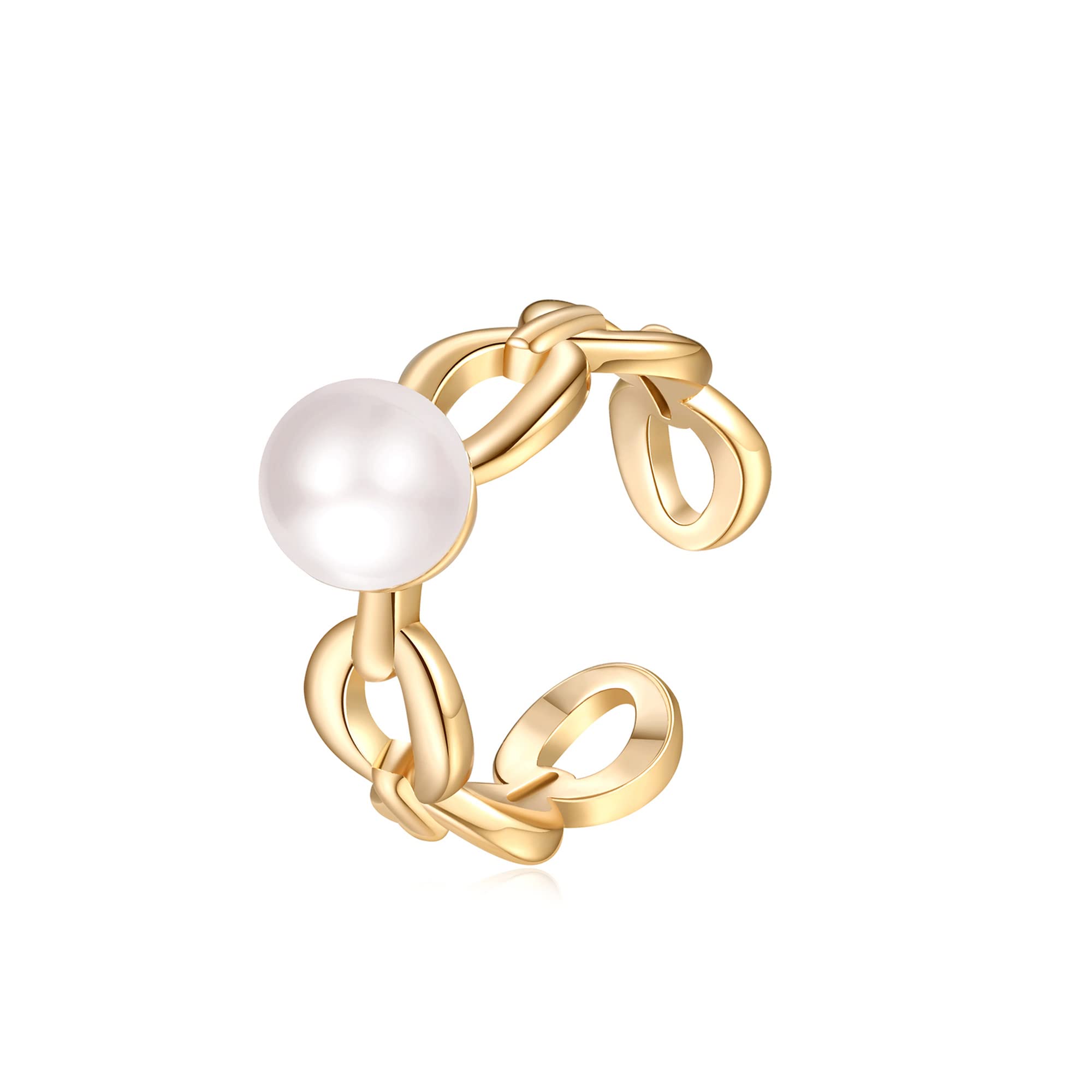 papasgix Pearl Ring for Women, 14K Gold Plated Stackable Open Ring Adjustable Ring Aesthetic Handmade Statement Gold Ring