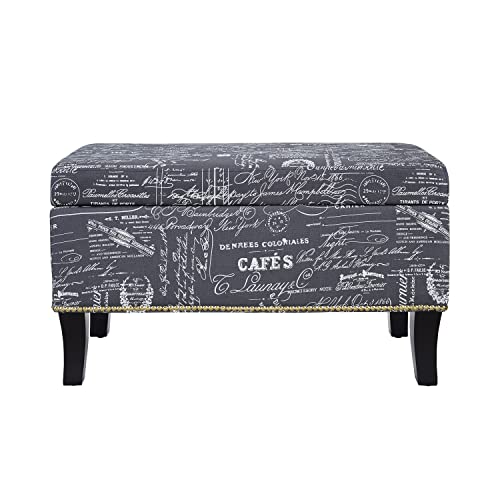 Linon Stephanie Script Linen Ottoman, 32"W x 16"D x 18"H, Gray/Black