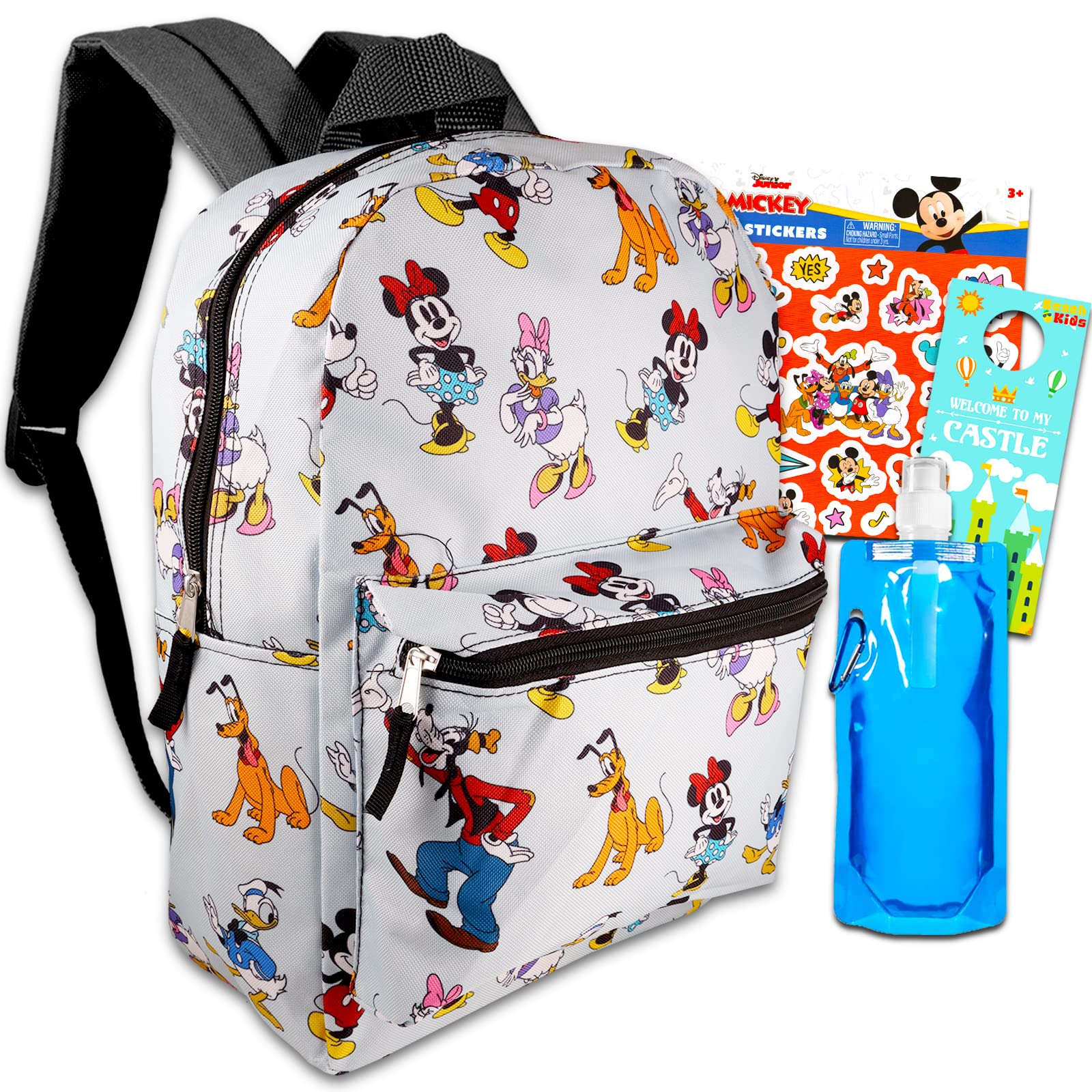 Mickey and Friends Backpack for Kids Set - Mickey School Bag Bundle with 16" Mickey and Minnie Backpack, Mickey Stickers, Water Bottle, More | Mickey Mouse Backpack for Boys