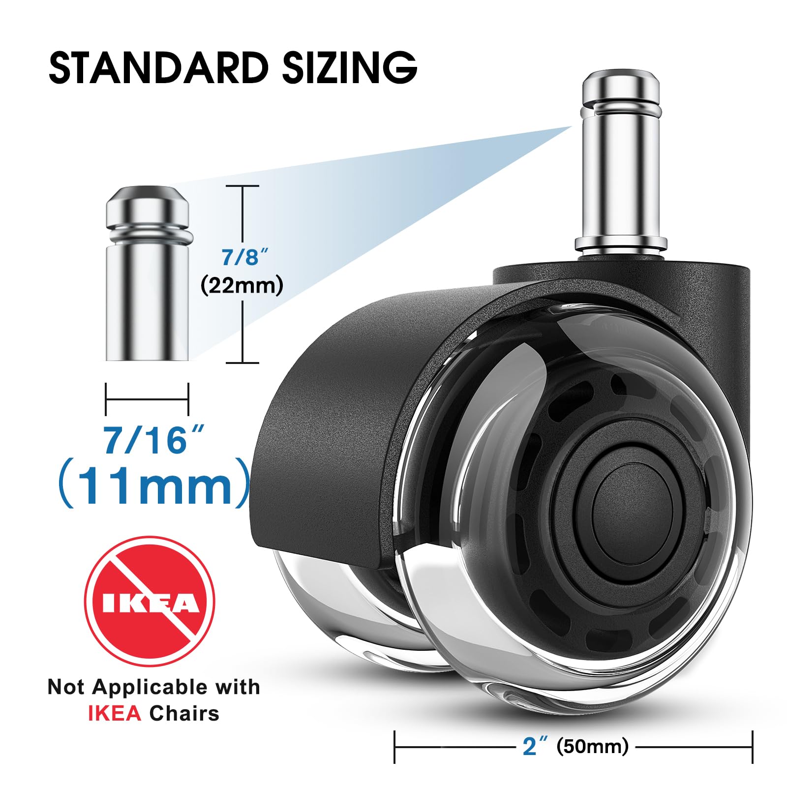 MaxGear Office Chair Wheels, 2 Inch Replacement Soft Mute Desk Caster Wheels for Work & Gaming Chair, Heavy Duty and Safe Rolling for All Floors & Hardwood, Universal Fit for 98% of Chairs, Set of 5