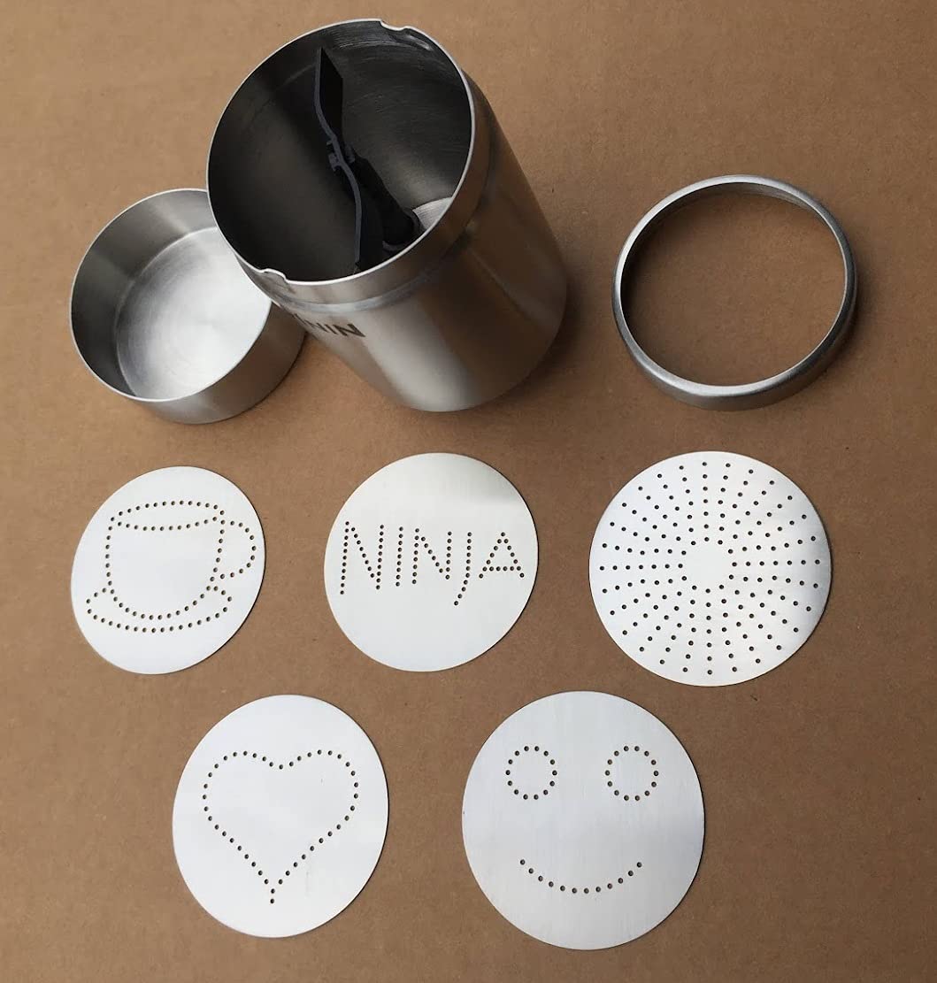 Ninja Signature Designer Cinnamon Shaker with 5 Stainless Steel Stencils for Coffee Bar CF090 CF091 CF092 CF097 CF110 CF111 CF112 CM400 CM401 clear