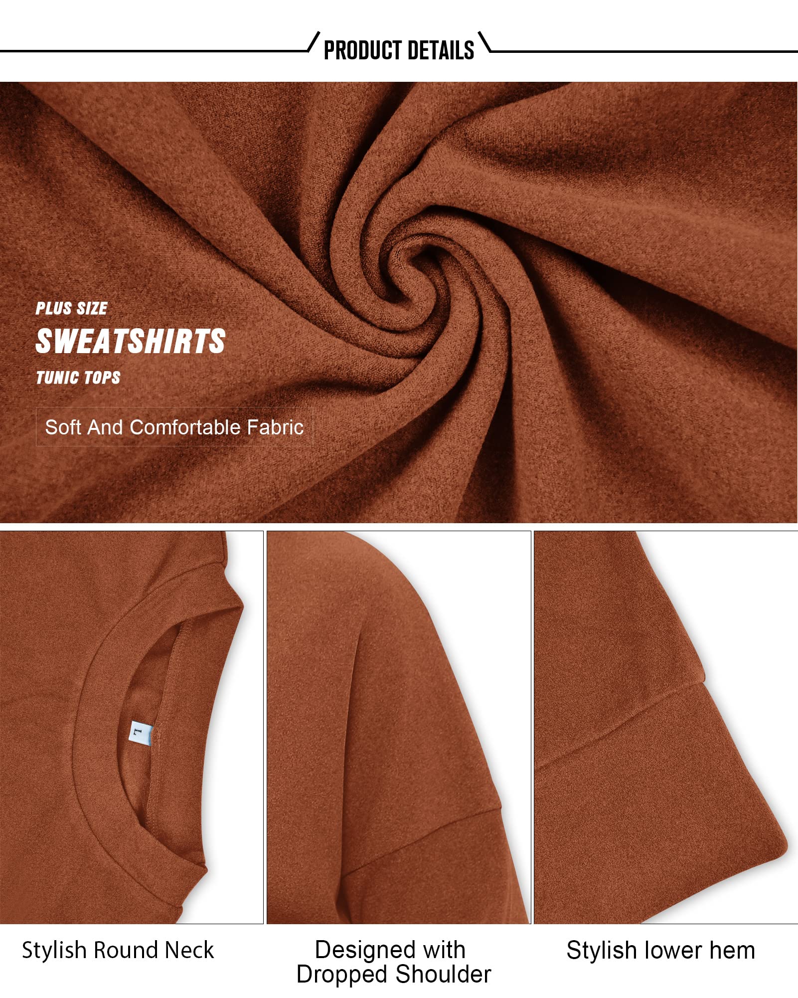 PLMOKEN Plus Size Sweatshirts for Women Casual Long Sleeve Tunic Tops for Leggings for Women(Caramel2,3XL)