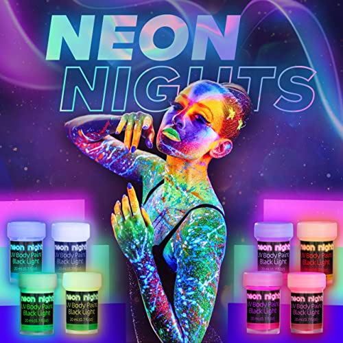 Neon Nights UV Body Paint Set | Blacklight Glow Makeup Kit | Fluorescent Face Paints for Music Festivals, Photo Shoots, Nights Out - Easy to Use and Remove, Premium Quality, Vibrant Colors | 8 Colors