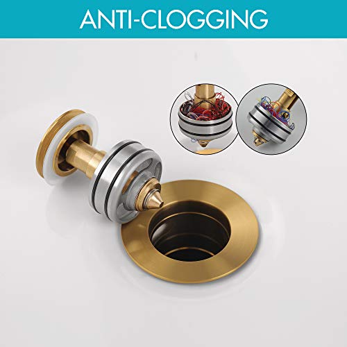 Rainovo Sink Drain Stopper Bathroom, Pop-Up Drain Stainless Steel With Overflow Anti-Clogging for Vessel Sink Lavatory Vanity Sink Drain with Strainer Basket, Brushed Gold
