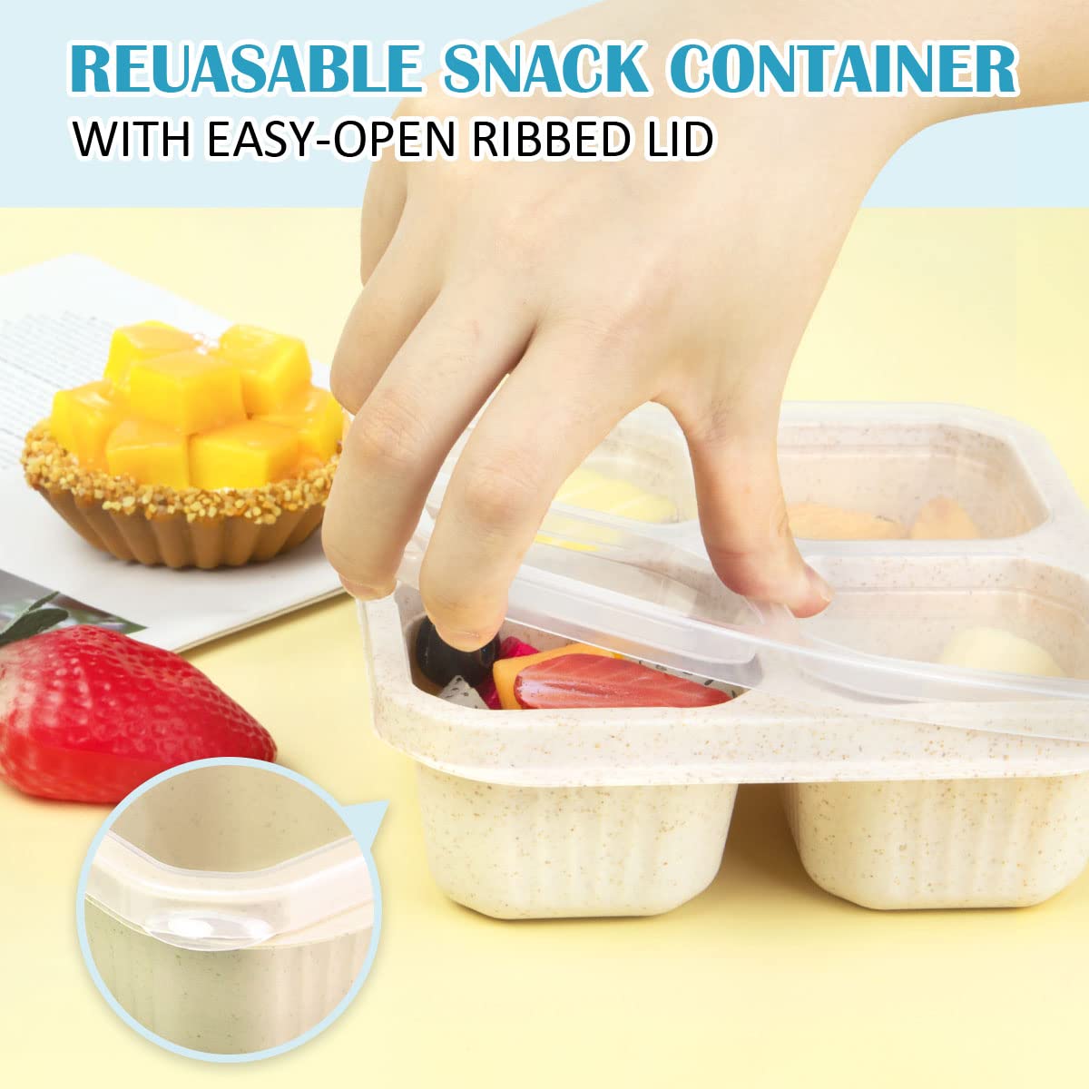 Korlon 6 Pack Snack Containers, 4 Compartments Snack Boxes for Kids, Wheat Straw Meal Prep Reusable Food Storage Lunch Containers for Adults & Kids