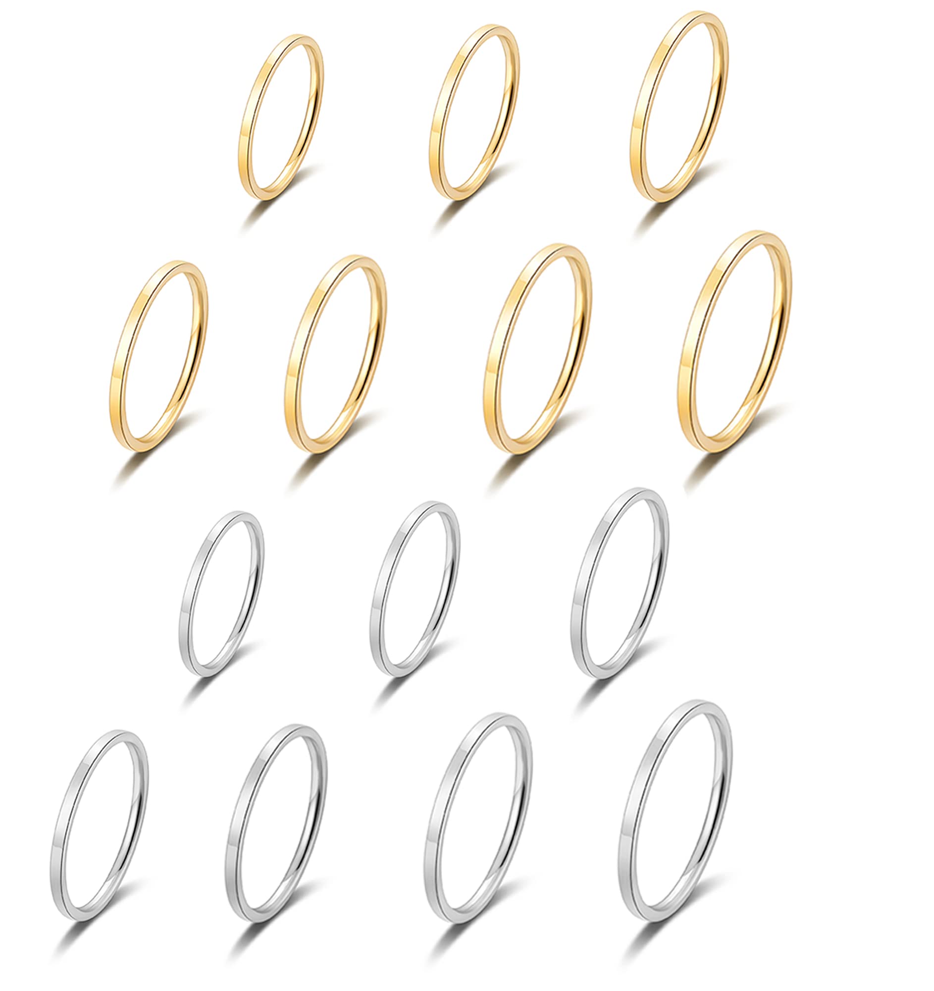 PLOMFOV Stainless Steel Rings for Women 1.5MM Thin Gold Rose Silver Knuckle Ring Stacking Midi Rings Comfort Fit Plain Band Rings for Women Flat Shape Surface Rings(Silver+Gold)