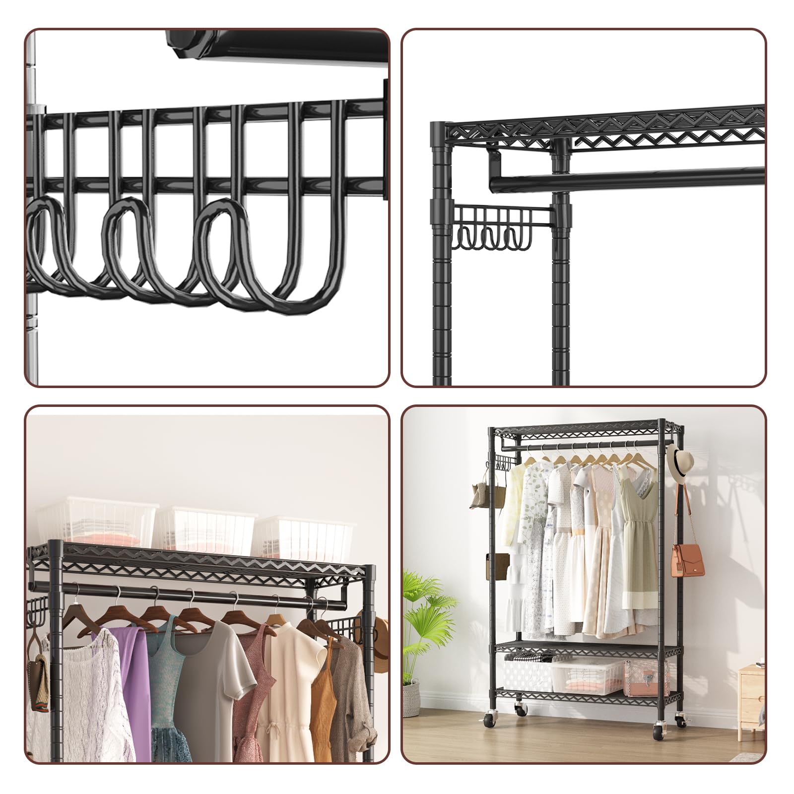 ZERDER Metal Clothing Rack for Closet, Heavy Duty Clothes Rack with 1 Hanging Rods,3 Tiers Shelves and Side Hooks, Freestanding Garment Rack