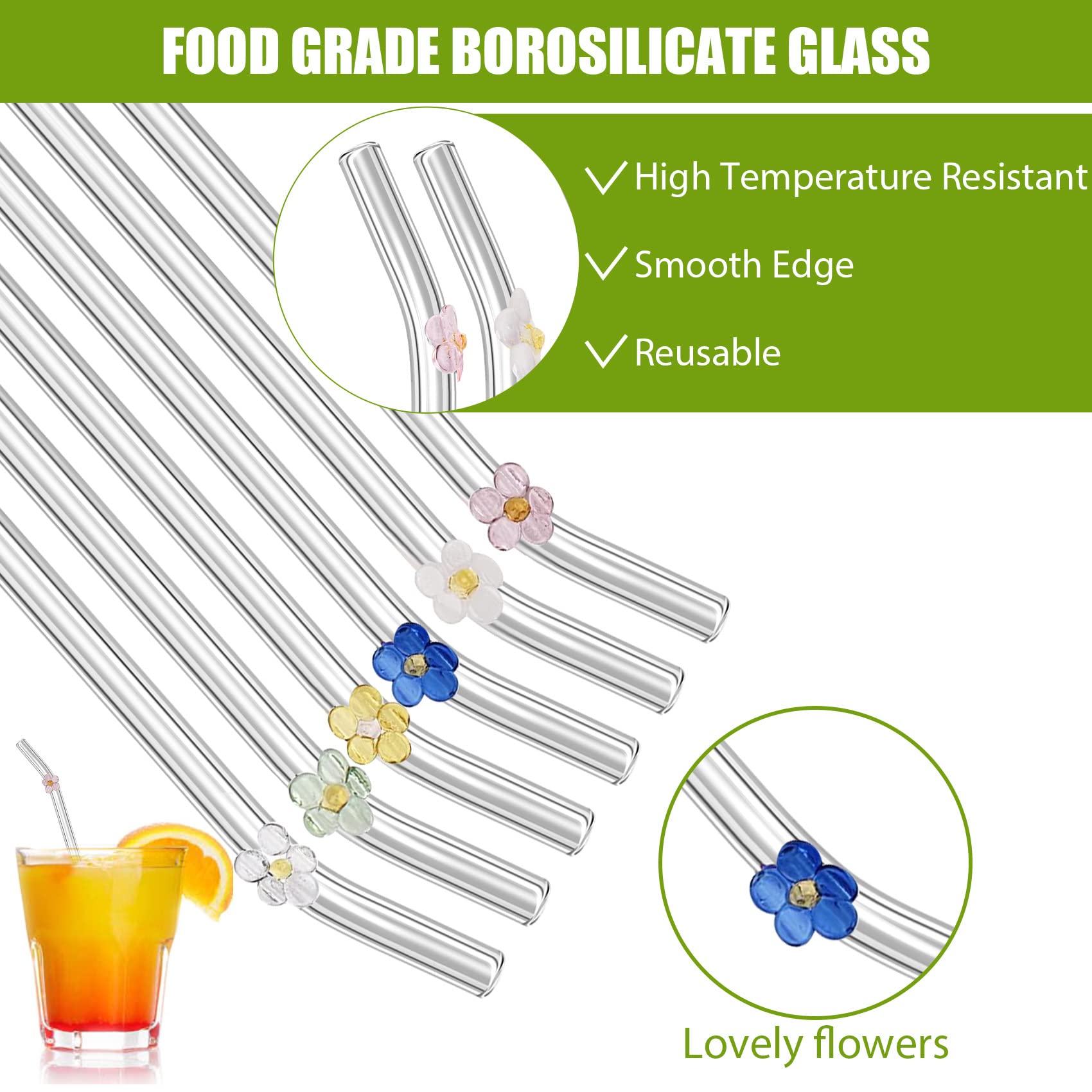 Reusable Glass Straw Shatter Resistant, Clear Glass Straws with Flowers, Cute Glass Straws for Smoothies and Normal Liquid Drinks, 6 Bent Straw with 2 Cleaner Brush