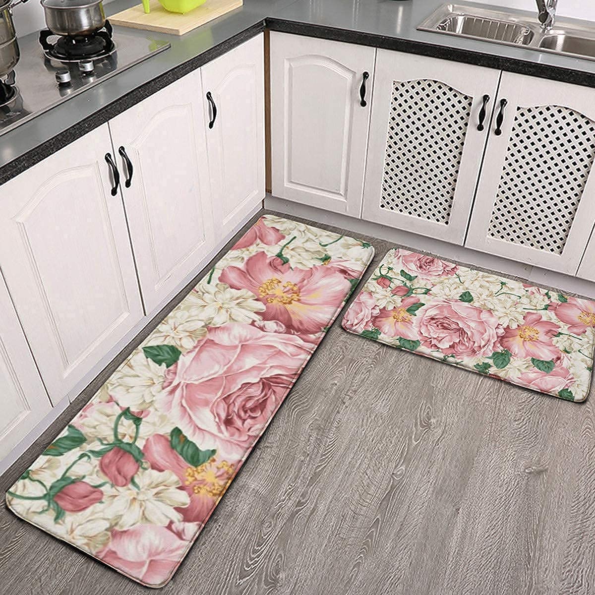 Midetoy Anti Fatigue Kitchen Mat Set of 2 Vintage Pink Peonies and Ivory Hydrangeas Standing Desk Mat Floor Mats Rug for House,Sink,Office,Kitchen 17.3"x47"+17.3"x29"