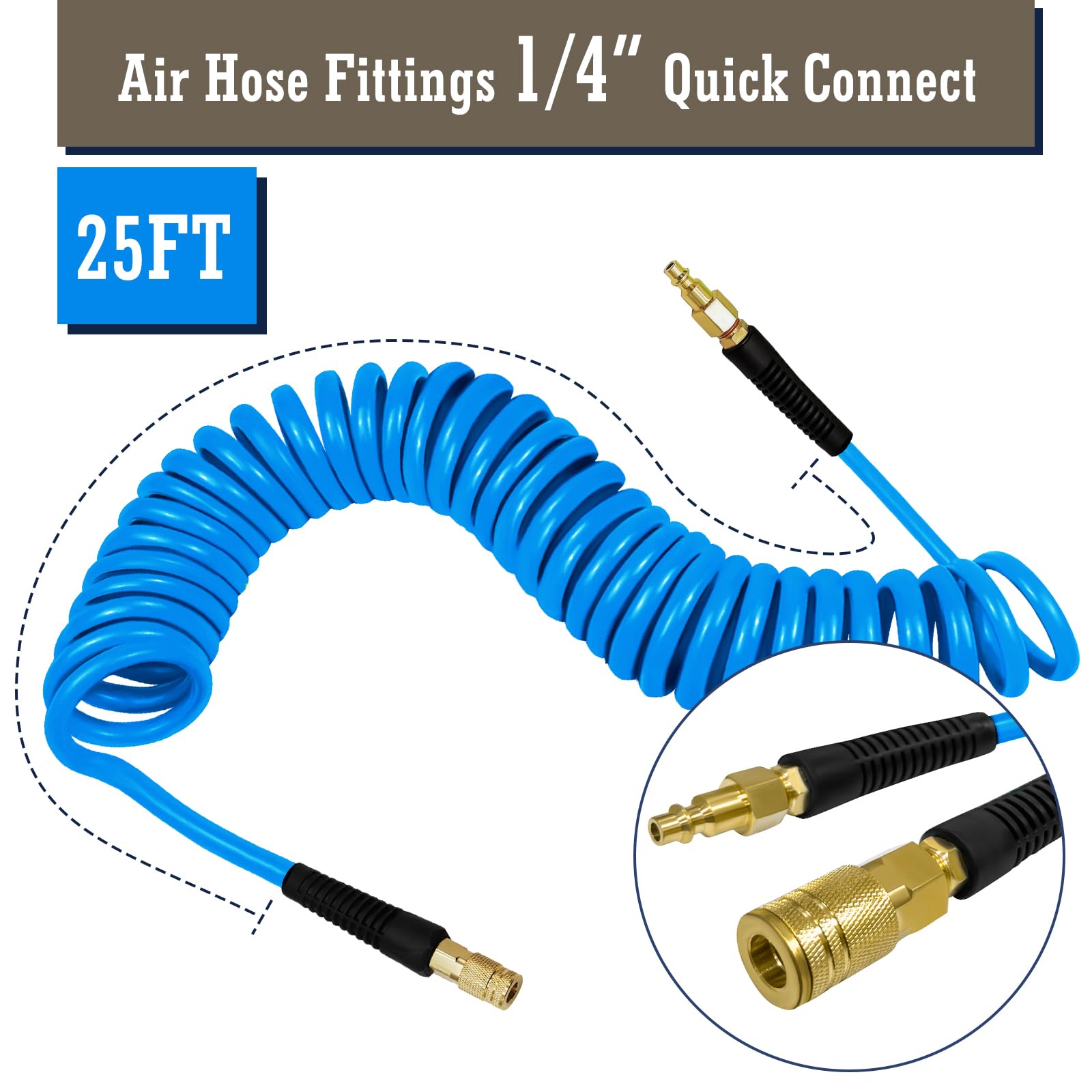WHISPERING WONDER Polyurethane Recoil Air Hose,1/4 in x 25 ft Air Compressor Hose with Bend Restrictor, Air Hoses with 1/4 Solid Pure Copper Quick Connect Fittings and I/M Plug Kit, Blue