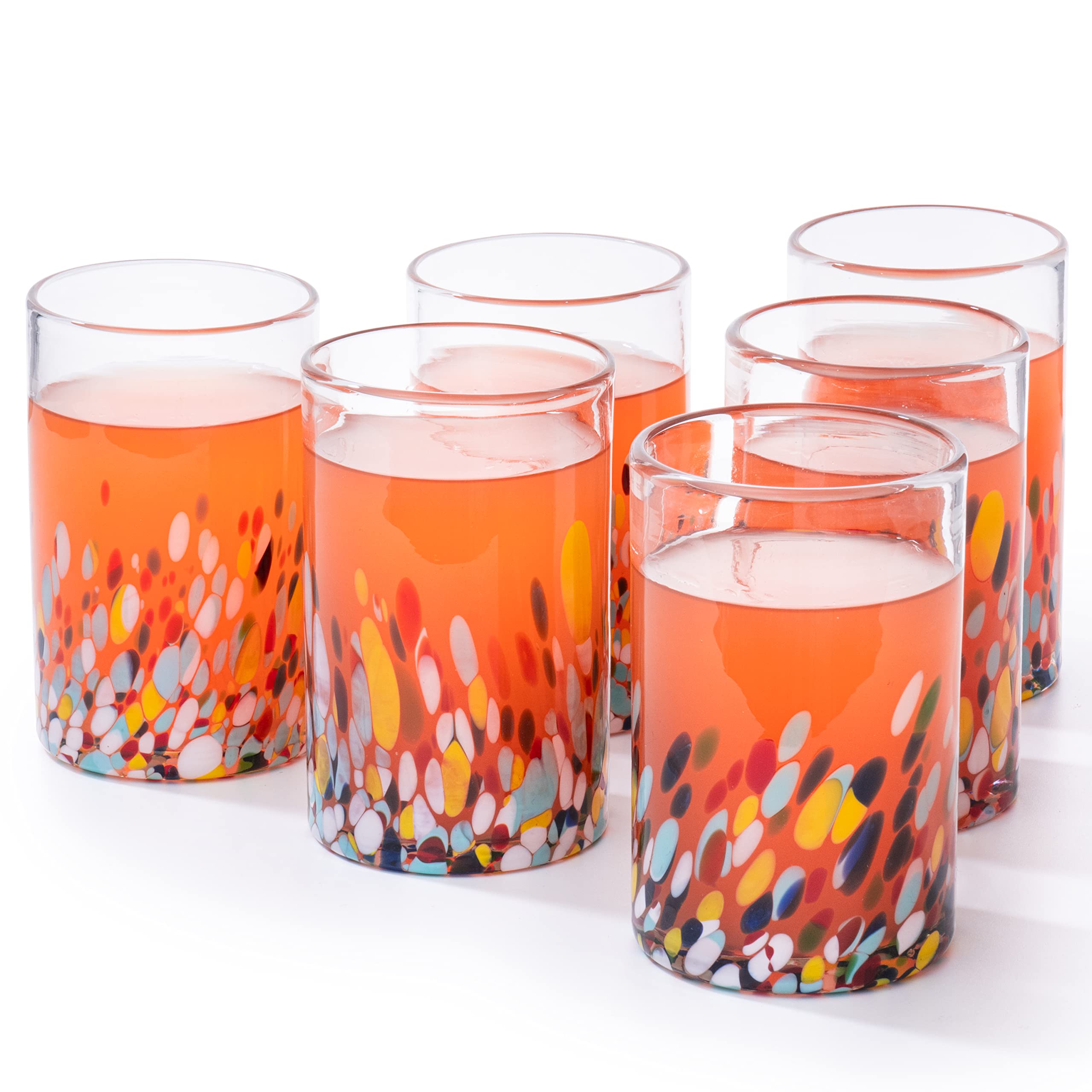 Mexican Confetti Drinking Glasses - Set of 6 - Confetti Rocks 16 oz Drinking Glasses, set of 6, Mexican Handmade Multicolor Glassware, Recycled Glass, Lead & Toxin Free, Dishwasher Safe Glassware
