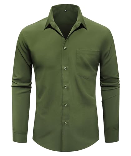 Men's Casual Button-Down Shirt Long Sleeve Regular Fit Dress Clothes Collared Plain Green XL Camisa De Hombre De Vestir
