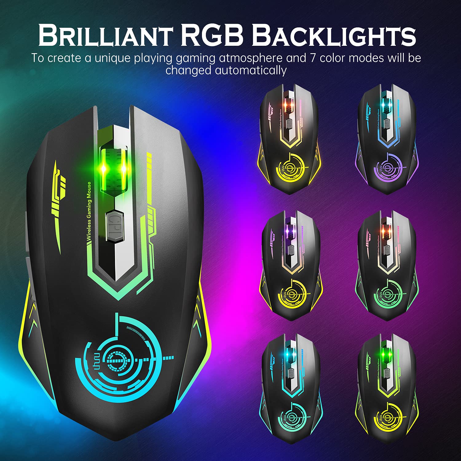 UHURU Wireless Gaming Mouse Up to 10000 DPI, Rechargeable USB Wireless Mouse with 6 Buttons 7 Changeable LED Color Ergonomic Programmable MMO RPG for PC Laptop, Compatible with Windows Mac