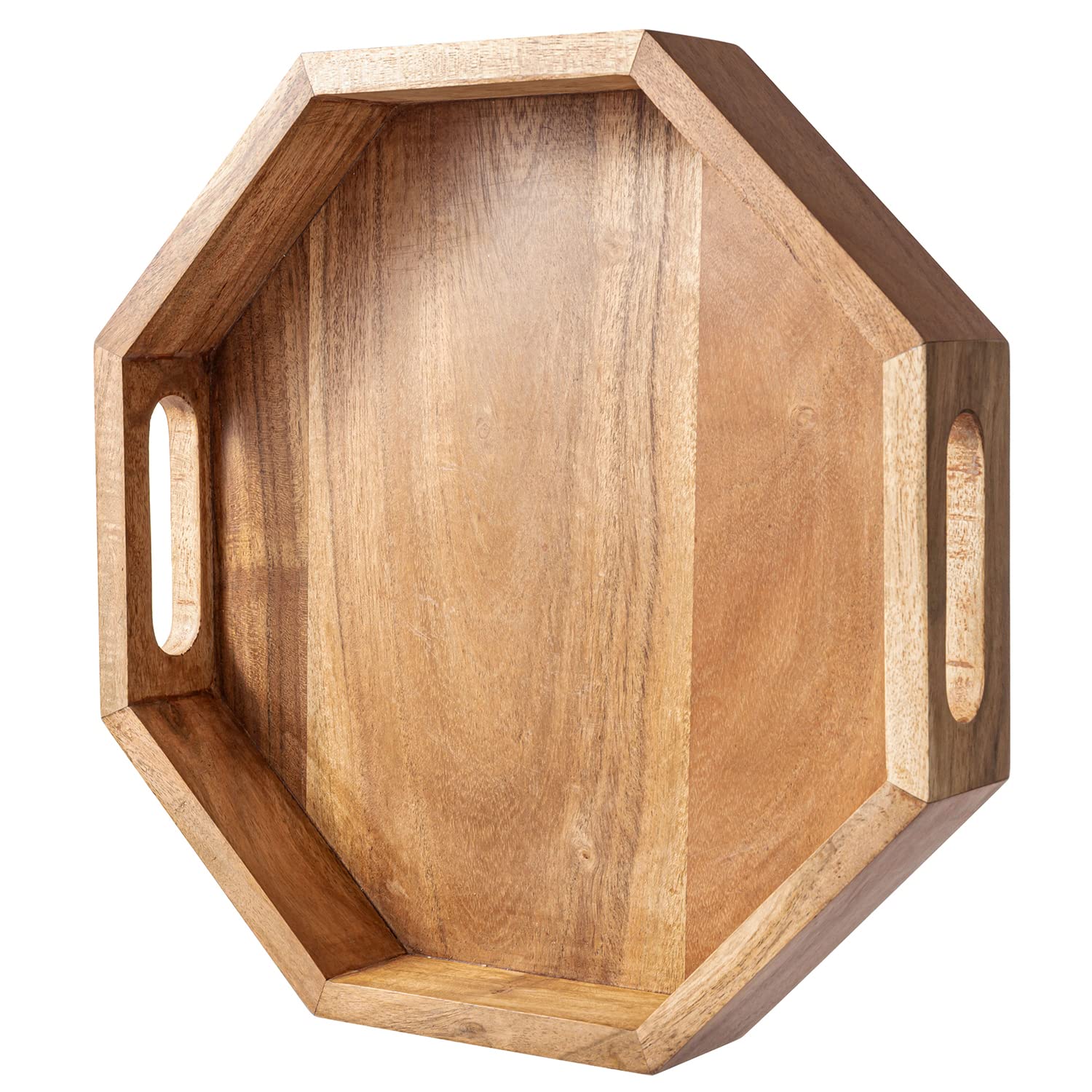 MyGift 12 Inch Acacia Wood Rustic Serving Tray, Decorative Octagon Shaped Coffee Table Farmhouse Tray with Cutout Handles - Made in India