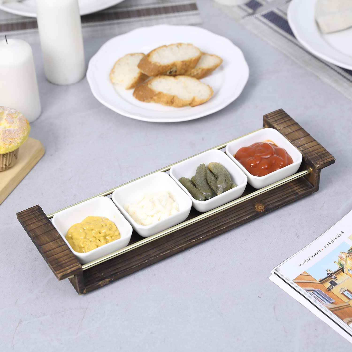 MyGift 5 Piece White Ceramic Small Dip Bowl and Burnt Wood Serving Tray Party Set, Mini Condiment Dipping Bowls for Appetizer, Soy Sauce, BBQ