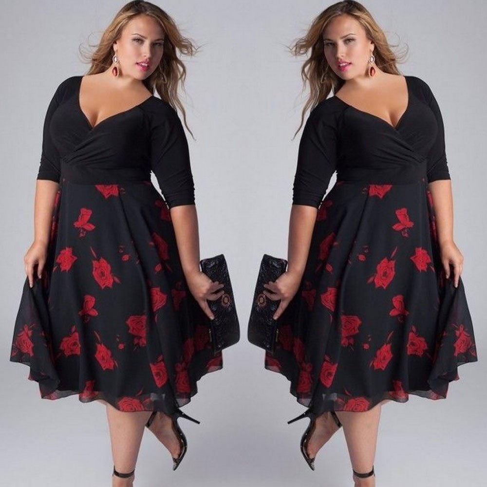 Plus Size V-Neck Dress for Women Floral Printing Mesh Swing Dress Patchwork Half Sleeve Tank Top Dress Red