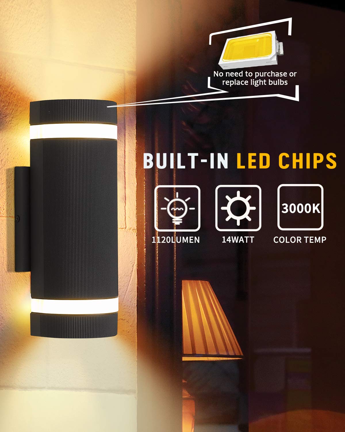 LMS 2 Pack LED Semi Cylinder Up and Down Lights Outdoor Wall Lights 3000k 14W 1120lm, Modern Aluminum Waterproof Outdoor Wall Sconce Wall Mount, Black LMS-WL10