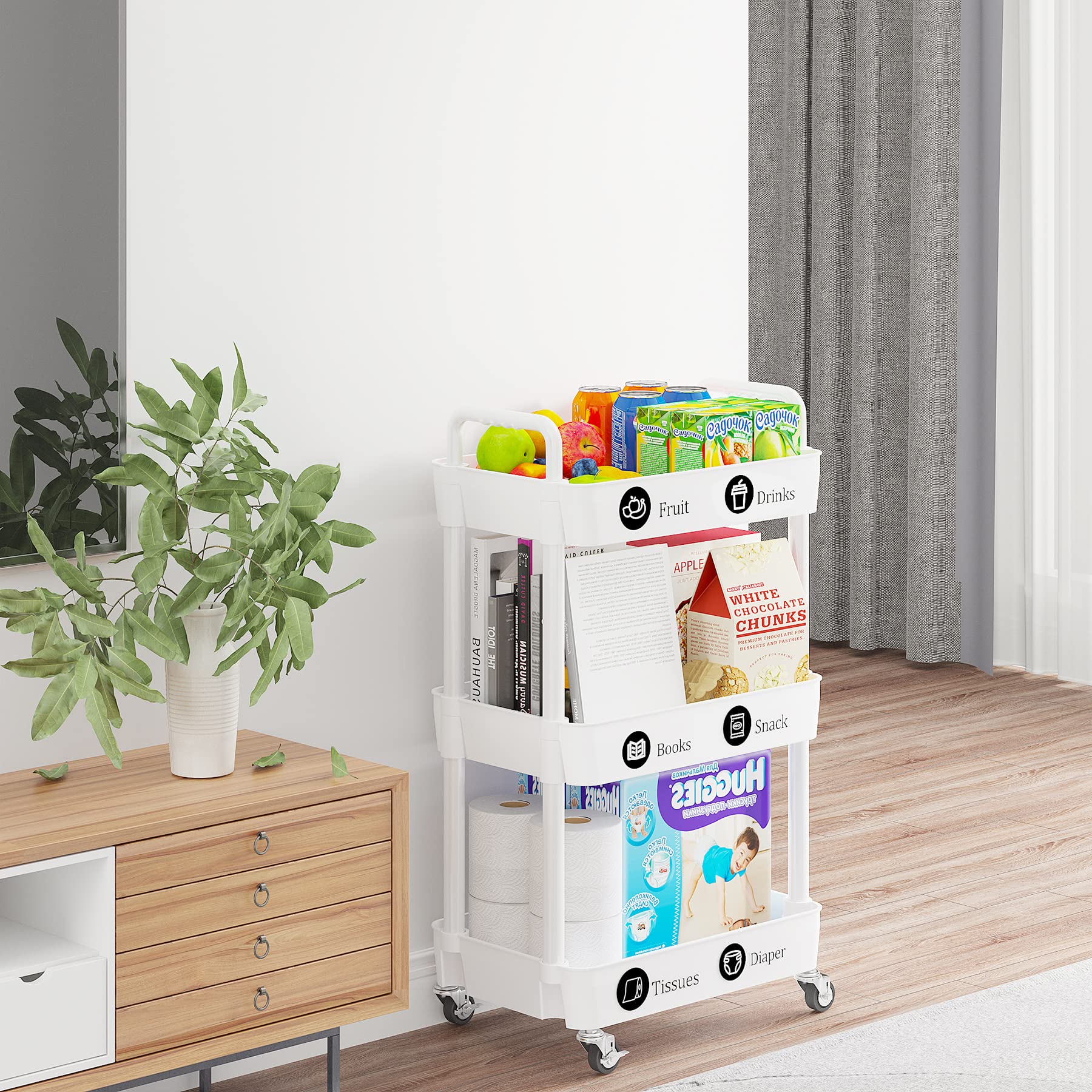 Laiensia 3-Tier Storage Cart,Multifunction Kitchen Storage Organizer,Mobile Shelving Unit Utility Rolling Cart with Lockable Wheels for Bathroom,Laundry,Living Room,With Classified Stickers,White