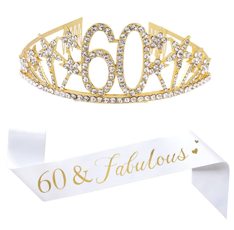 Mayin Happy 60th Birthday Tiara and Sash Gifts Crystal Rhinestone Princess Crown Birthday Queen Party Favor Supplies Gold Crowns White Sash