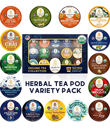 Organic Tea Pods Variety Pack - Assorted Sampler Pack Compatible for Keurig Brewer and Coffee Maker - Earl Grey, English Breakfast, Chai, Chamomile - Herbal Tea Pod for K Cup Keurig Brewing -15 count (Pack of 1) by Teavity