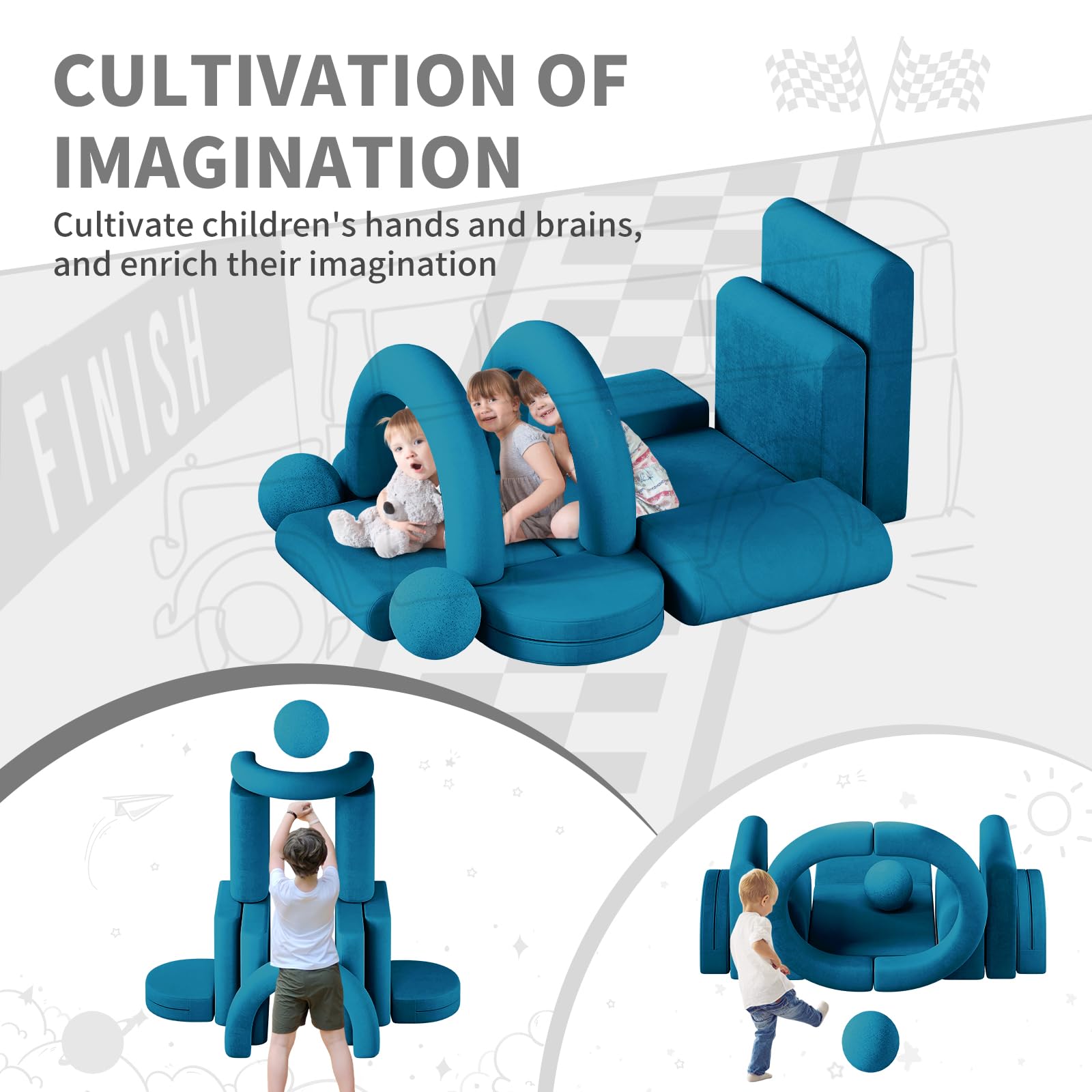 wanan Modular Kids Play Couch, 12PCS Kids Couch with Balls and Tunnel, Kids Couch for Playroom and Bedroom, Kids Modular Couch for Playing, Creativing, Modular Couch Kids (Blue)