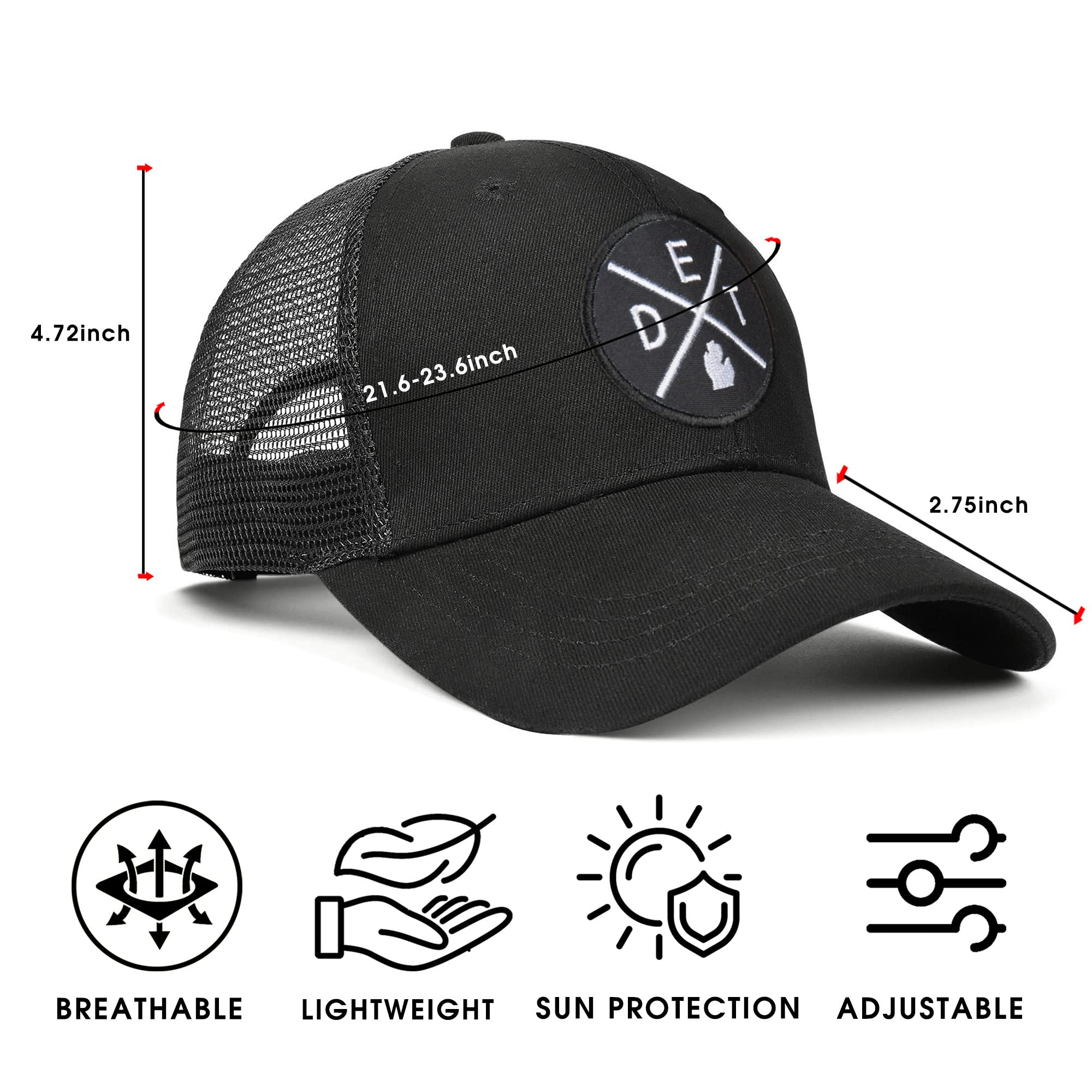 Nuyjimr Detroit - DET Black Baseball Caps for Women Men Mesh Trucker Cap Golf Hat Adjustable Size Cool