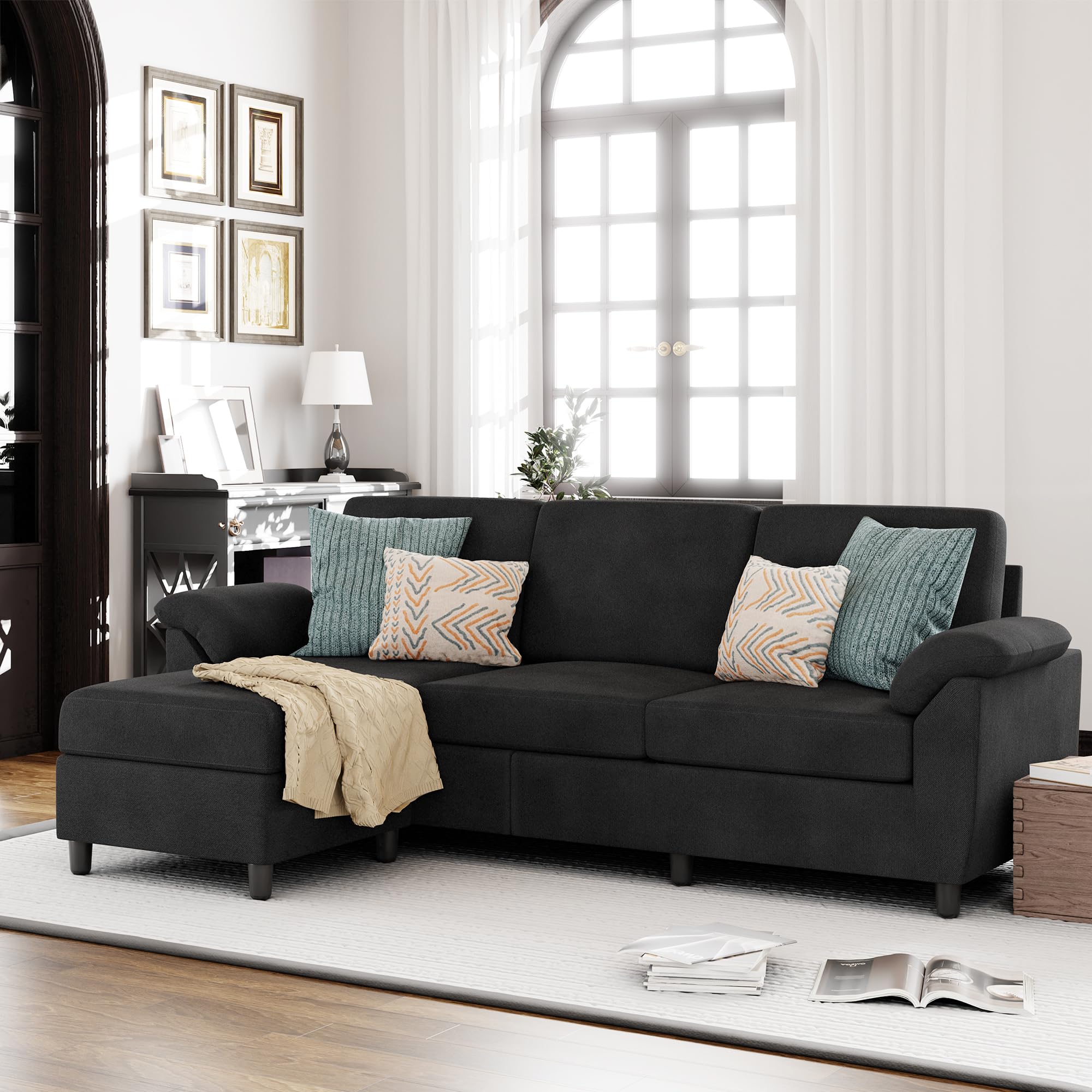Vongrasig 79" Convertible Sectional Couch, 3 Seat L Shaped Sofa with Removable Pillows Linen Fabric Small Couch Mid Century for Living Room, Apartment and Office (Black)