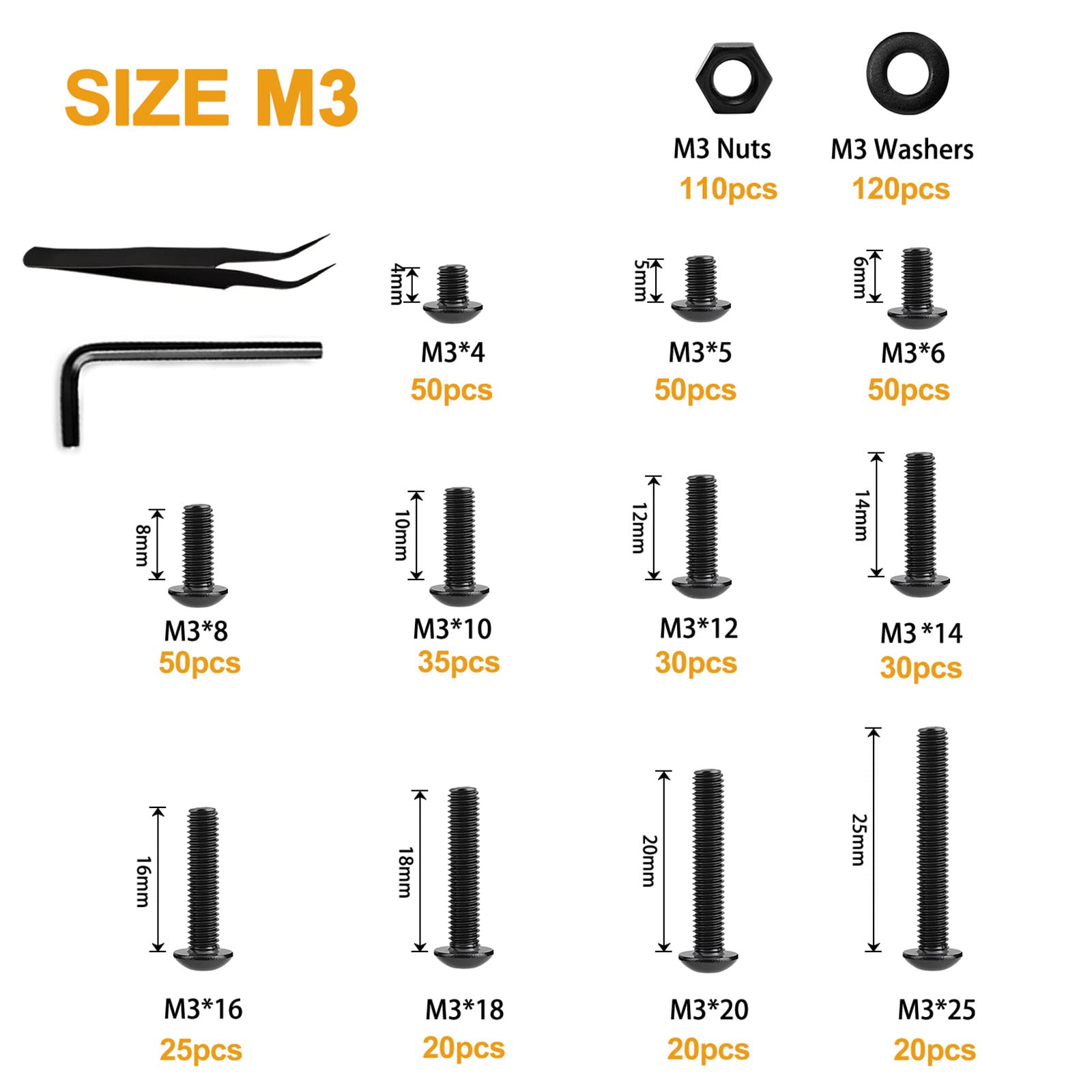 VIGRUE M5 x 10/12/16/25/30/35mm Button Head Screws, 328PCS 10.9 Grade Alloy Steel M5 Hex Socket Cap Machine Screws Bolts Nuts Washer Assortment Kit