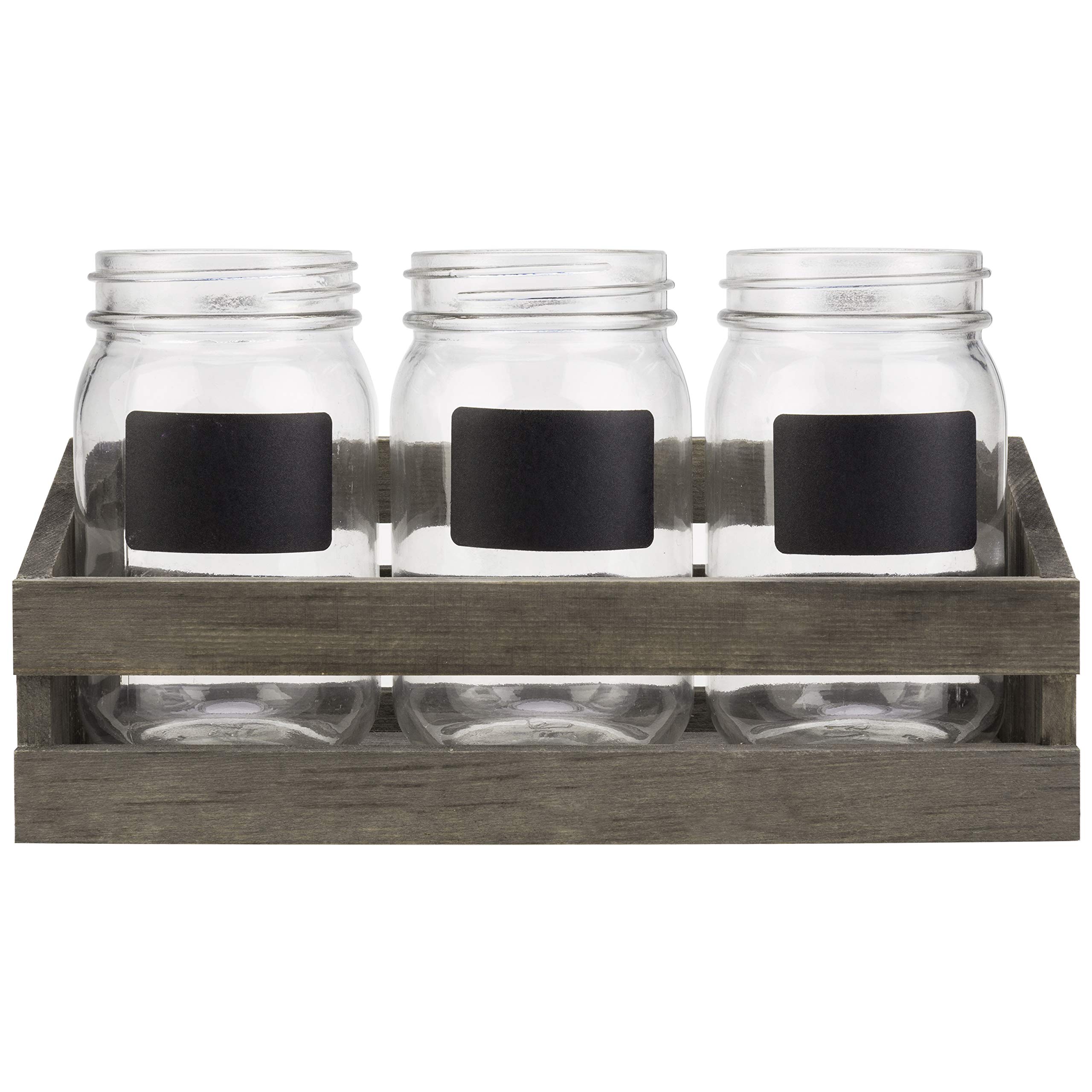 MyGift Gray Solid Wood Kitchen Countertop Flatware Utensil Holder, Casual Dining Flatware Caddy with 3 Mason Jars and Chalkboard Labels