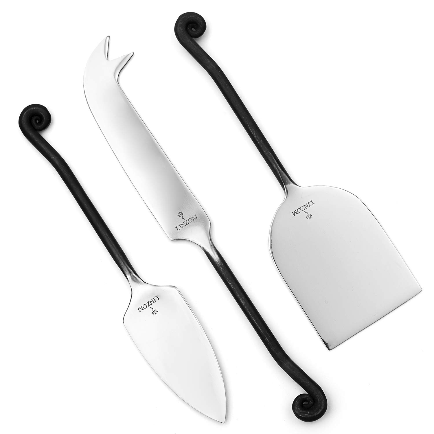 LINZOM Cheese Knife Set, 18/10 Stainless Steel, Hand Forged, Rustic Black, Curled Edge, Set of 3