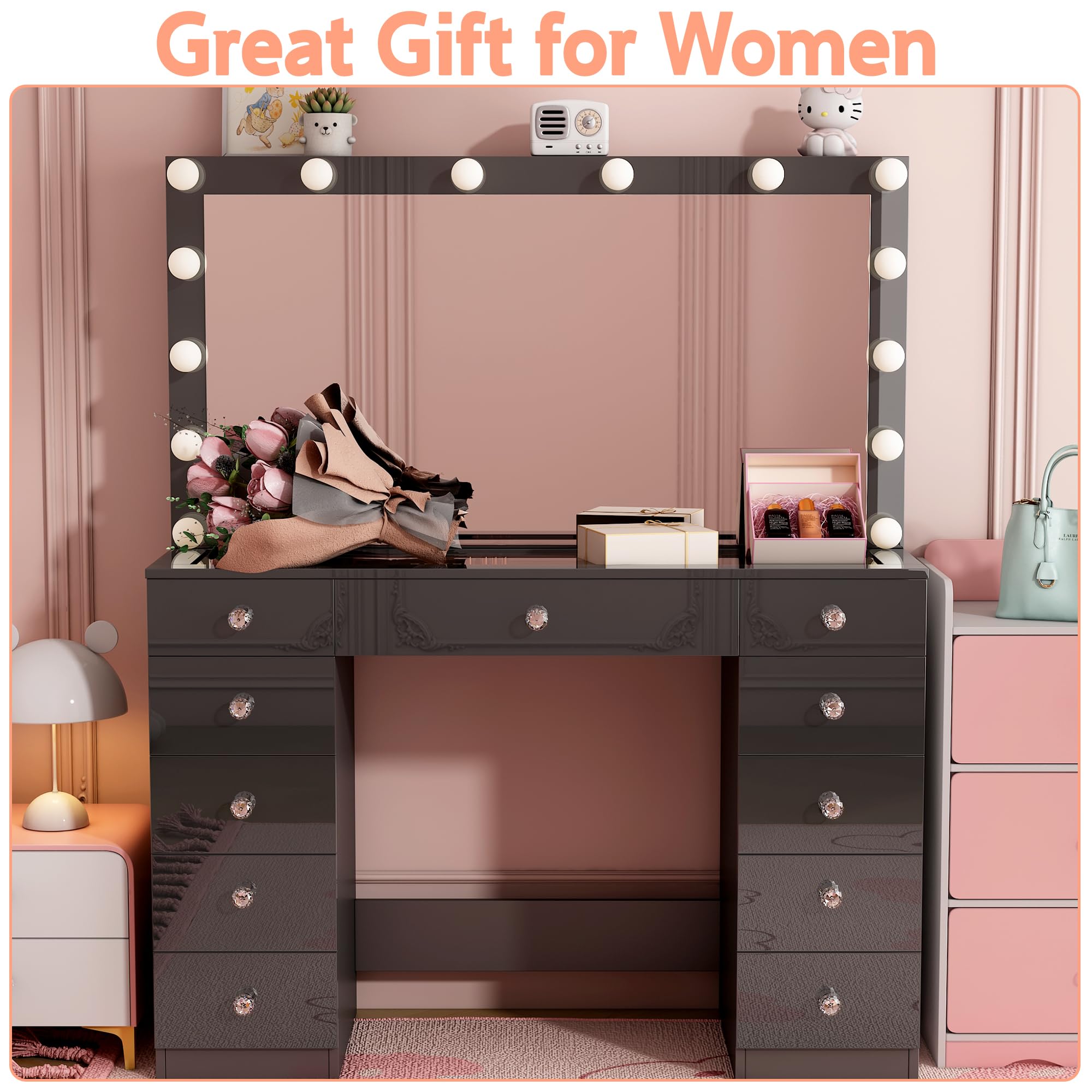 wanan Vanity Desk with Power Outlet, Makeup Vanity with Mirror and 14 LED Light, 3 Lighting Modes,11 Drawer Vanity Table with Sliding Jewelry Storage, Glass Top, Specular Surface, White
