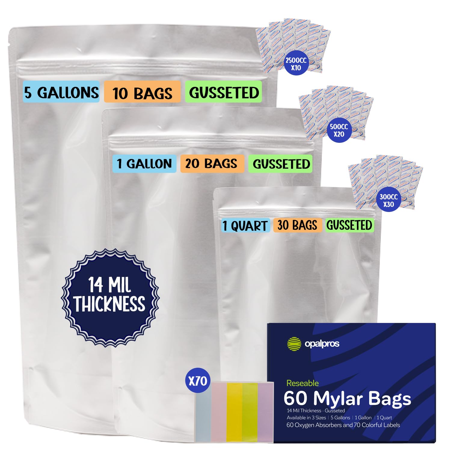 Opalpros 60 pcs Gusseted 14 Mil Mylar Bags for Food Storage with oxygen absorbers - 5 Gallon (10), 1 Gallon (20), Quart (30), with 2500cc, 500cc & 300cc OA Resealable Mylar Bags + Colorful labels